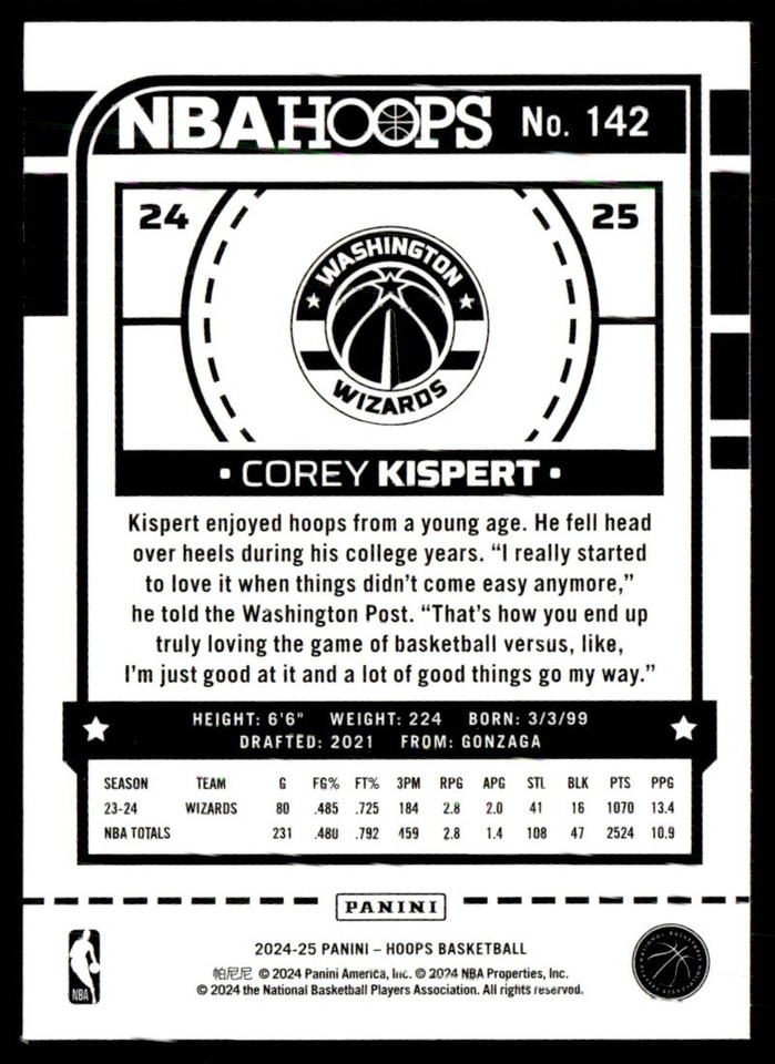 2024-25 Hoops Corey Kispert Washington Wizards #142 | eBay