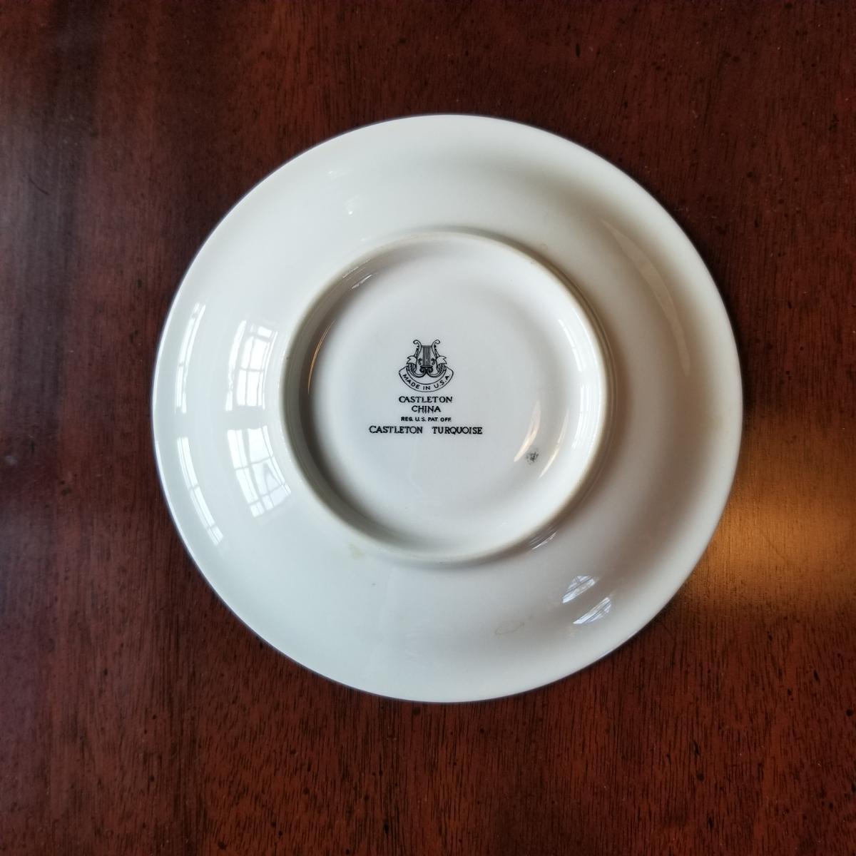 CASTLETON TURQUOISE CHINA SAUCER,PLATINUM TRIM,1958,5 7/8" WIDE,USA,EXC ...