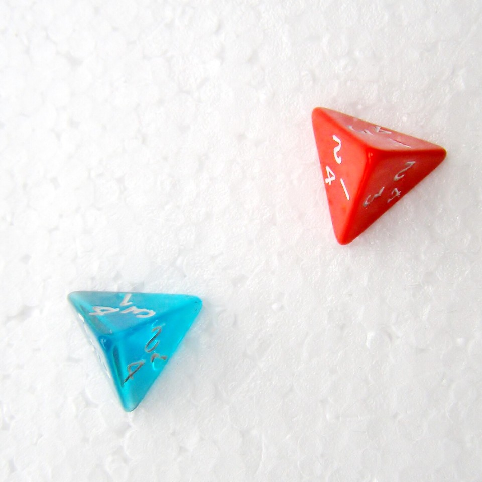 Pyramid dice: 2 x four-sided red & blue - with white numeral results 22 ...