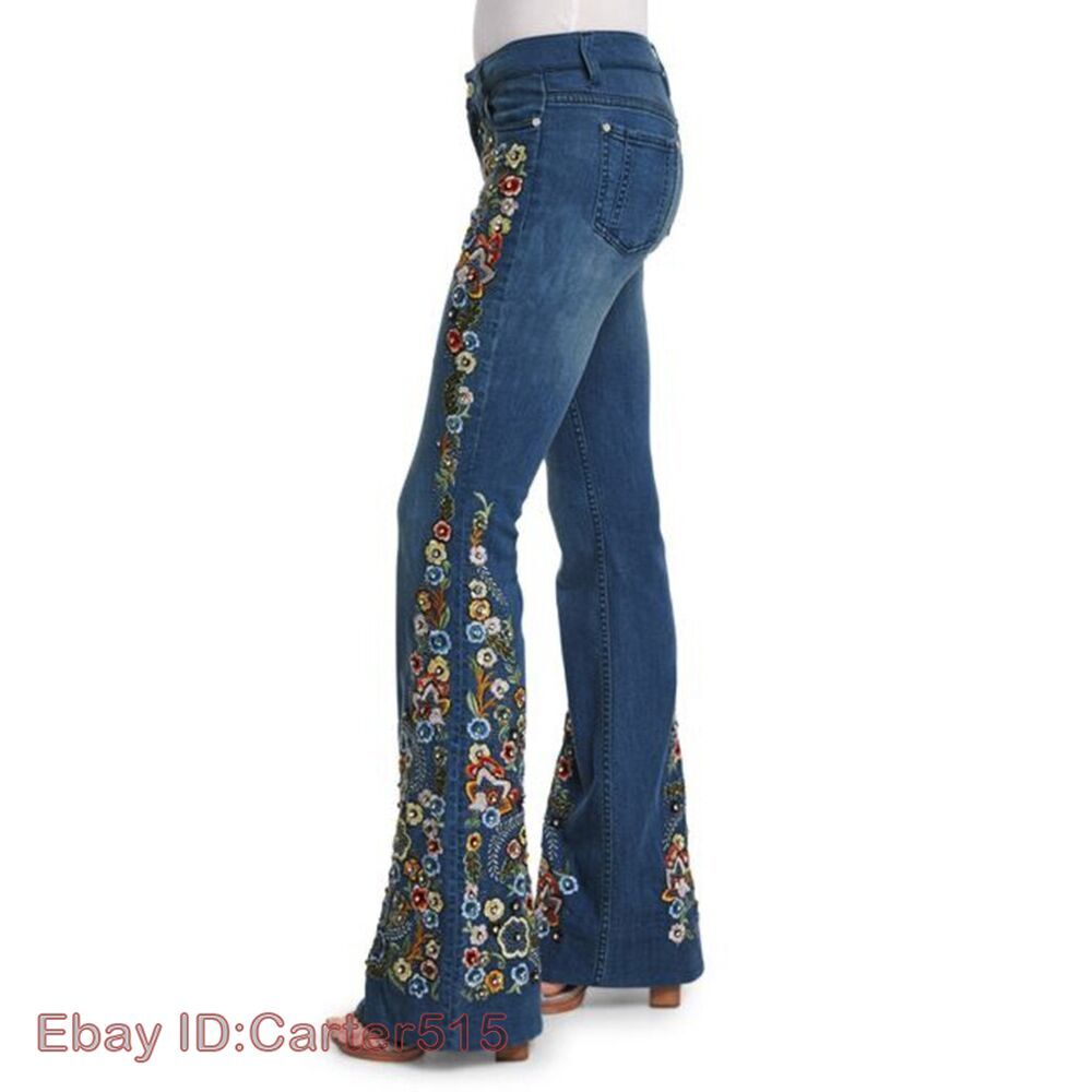 Women's High Waist Denim Jeans Stretch Bell Bottom Pants Flare Wide Leg ...