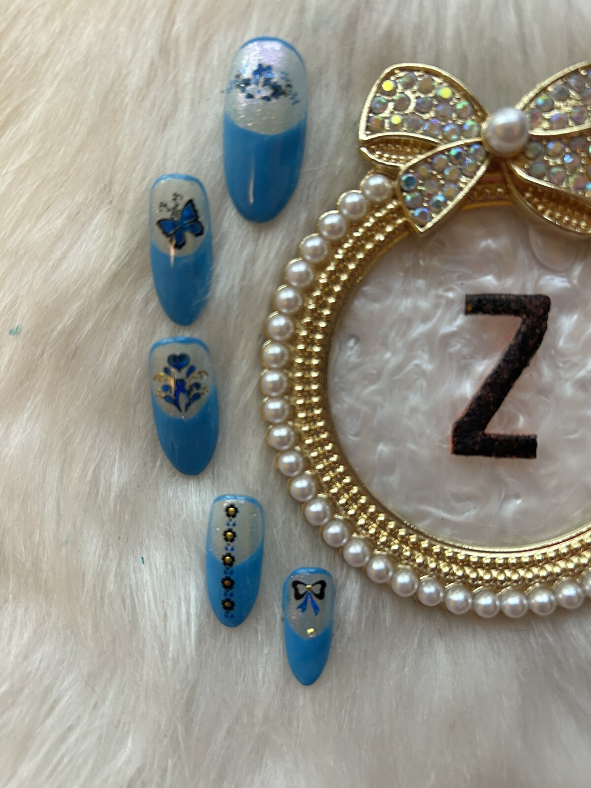 Z NAILZ! Handmade L Rounded Glitter/Blue French With Blue Motifs Press ...