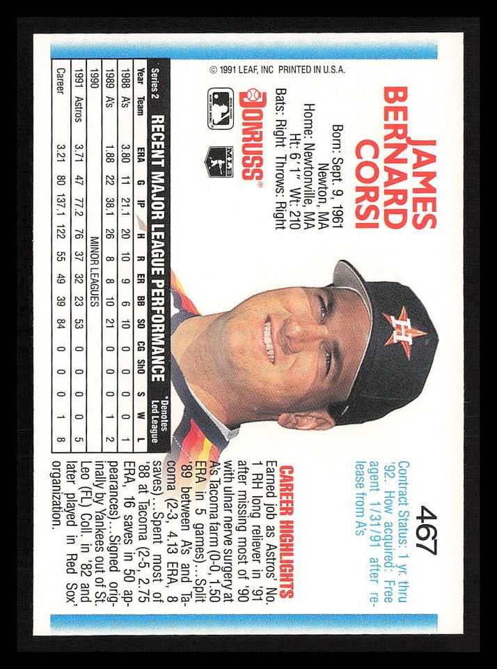 Jim Corsi 1992 Donruss #467 Houston Astros | eBay