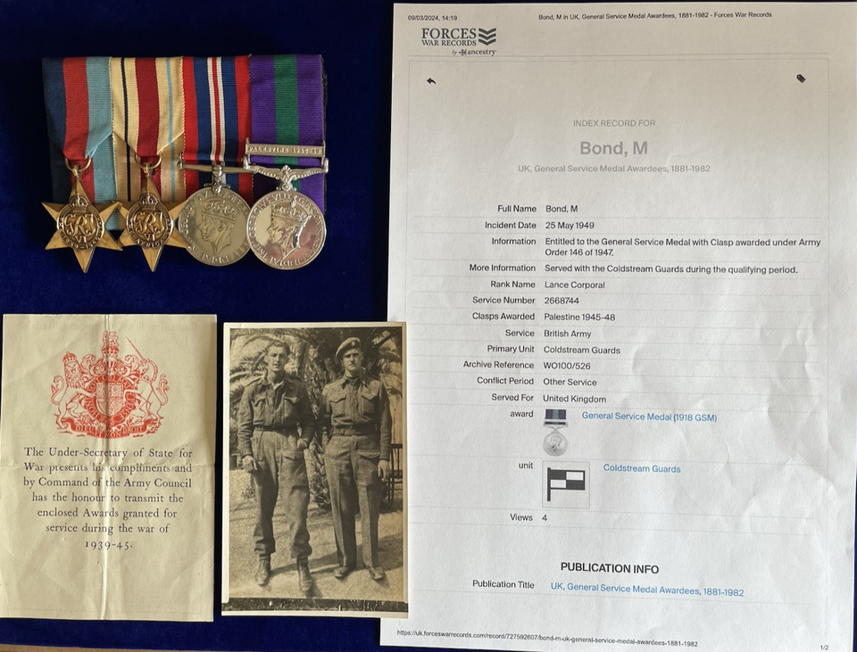 WW2 British Medal group with Palestine GSM LCpl M Bond Coldstream ...