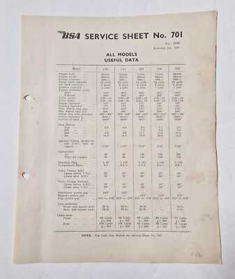 BSA Service Sheet 701: All Models - Useful Data | eBay UK