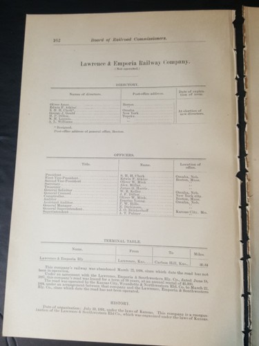 1896 railroad paper LAWRENCE EMPORIA RAILWAY Carbon Hill Kansas not ...