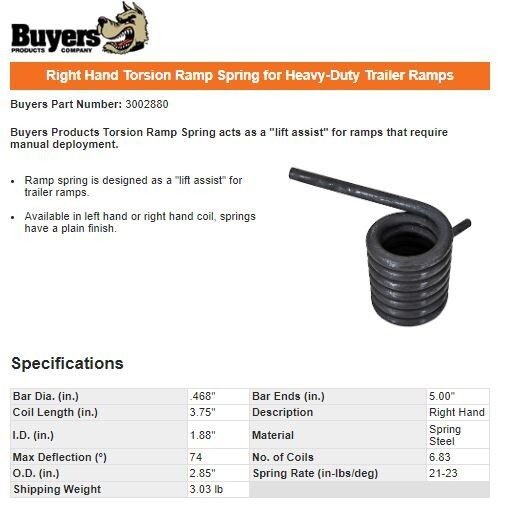TRAILER RAMP TORSION SPRING SET LEFT & RIGHT 1.88" ID BUYERS 3002879 ...