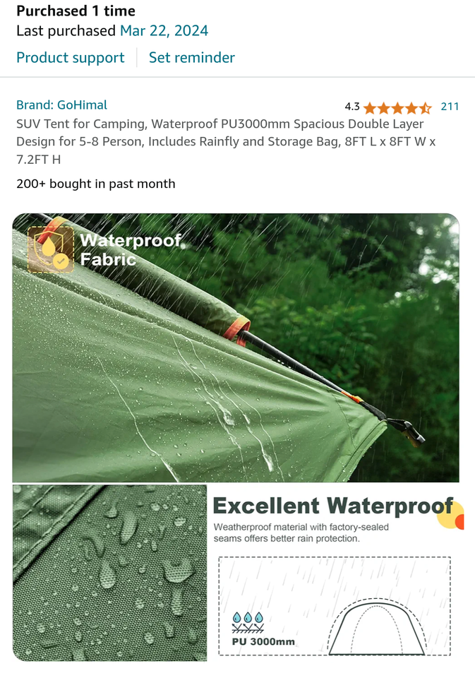 GoHimal SUV Tent for Camping, Waterproof PU3000mm Spacious Double Layer ...
