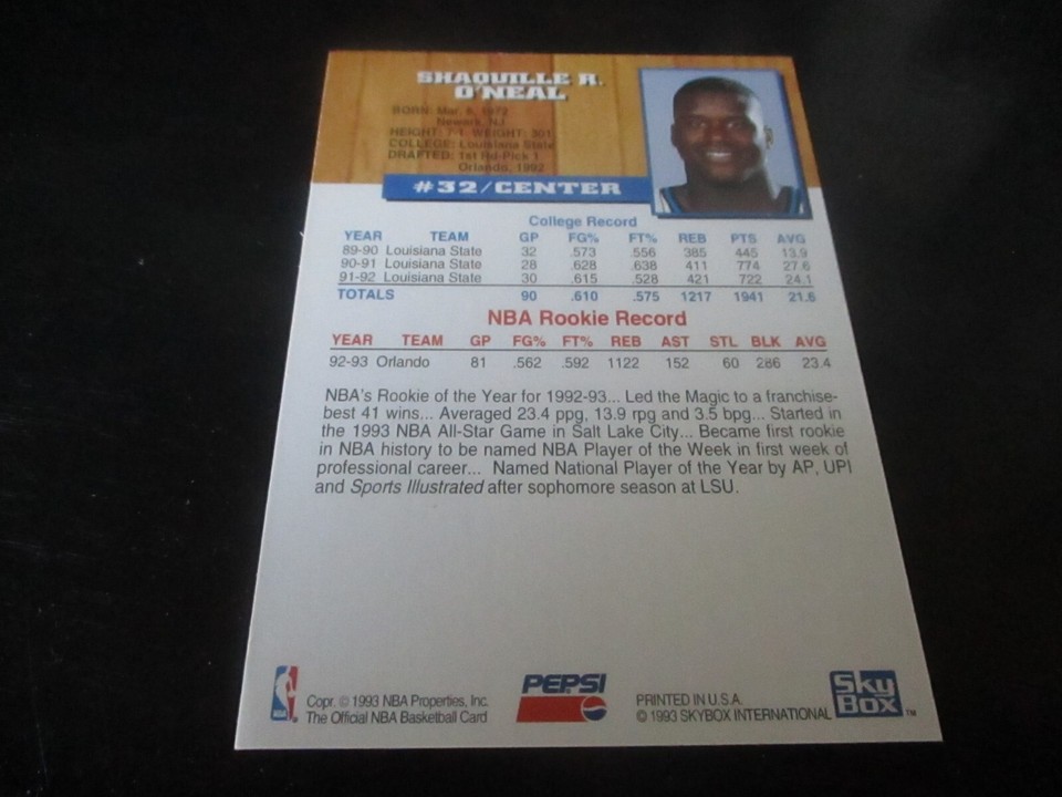 SHAQUILLE O'NEAL (orlando magic) 1993 hoops/ pepsi LIMITED ROOKIE card ...