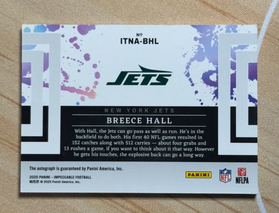 2025 Panini Impeccable Breece Hall JETS Auto Autograph #/99 SSP Jets | eBay