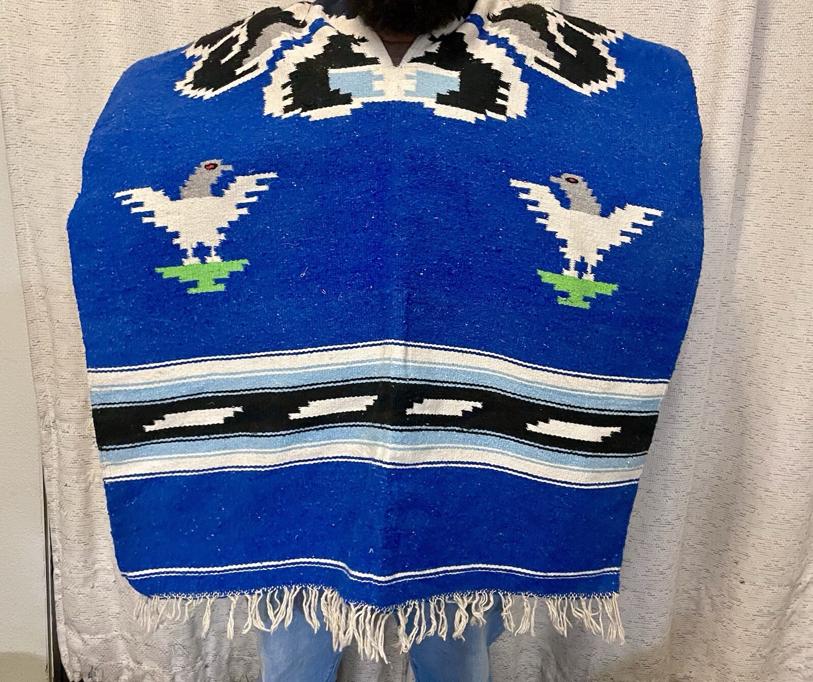 Mexican Style Poncho With Pigeon Design Blue - Gem