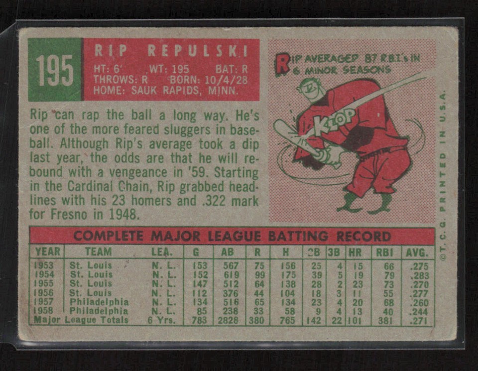1959 Topps #195 Rip Repulski Los Angeles Dodgers VG-EX | eBay
