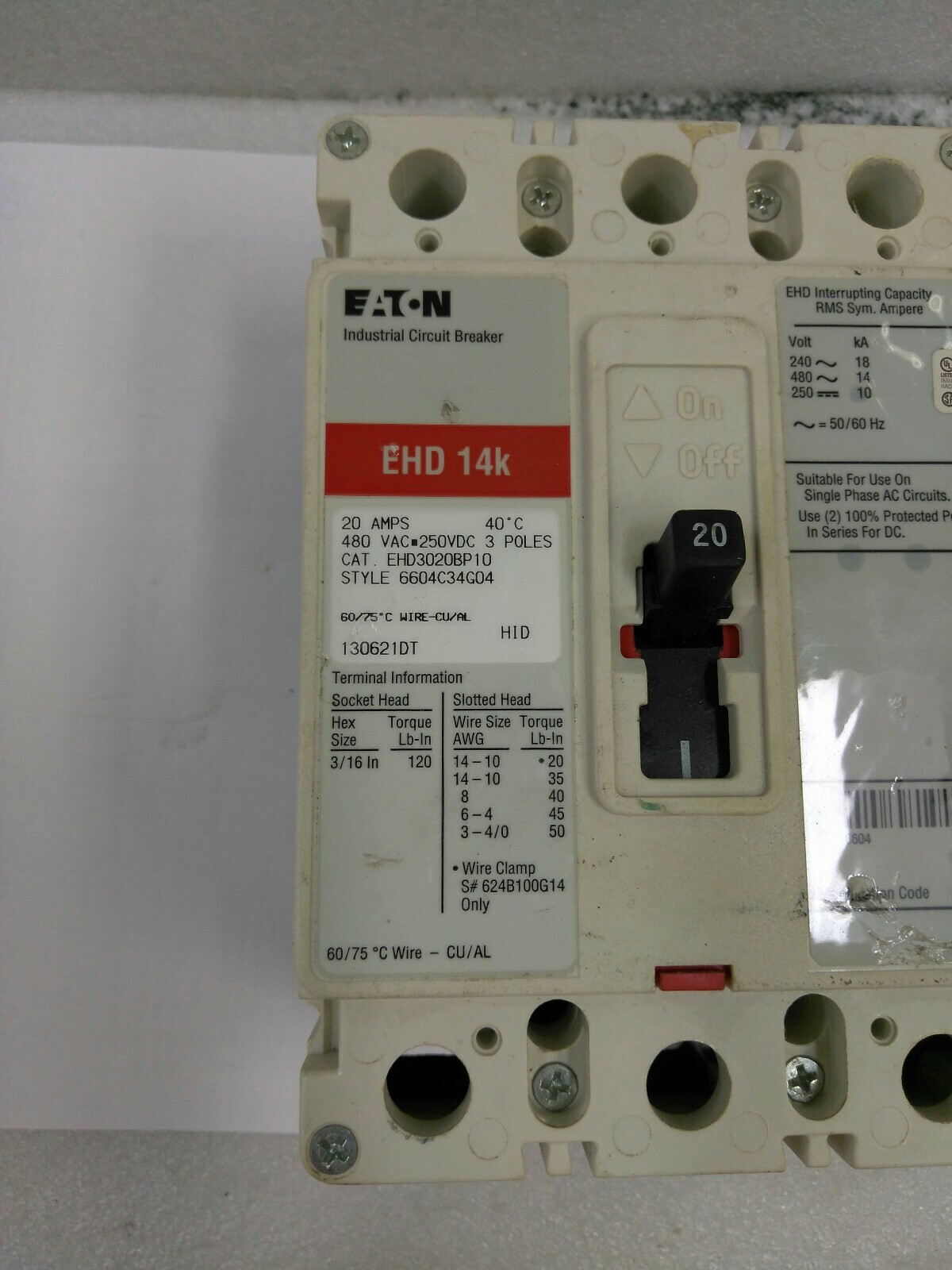 EATON, EHD3020BP10 3POLE, 20A, 480VA/250VD , TYPE EHD-14K Breaker ...