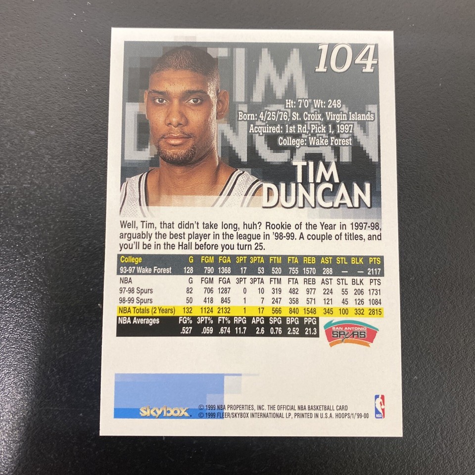 Tim Duncan 1999 Hoops Basketball Card #104 | eBay