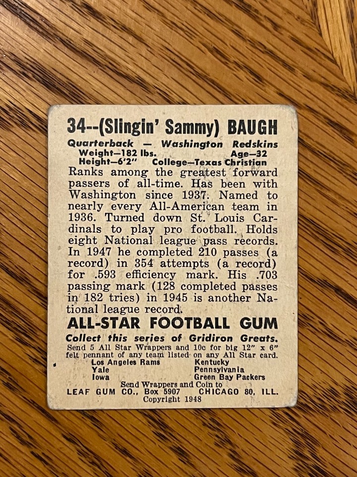 Sammy baugh 1948 Bowman #34 RC Rookie - WASHINGTON REDSKINS | eBay