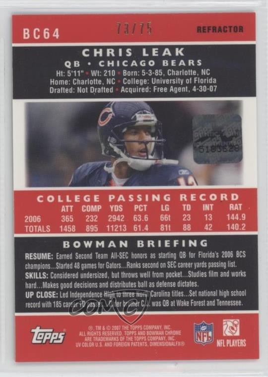 2007 Bowman Chrome Rookie Auto Blue Refractor /75 Chris Leak #BC64 Auto RC | eBay