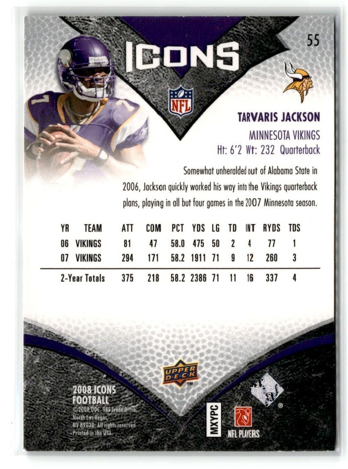 2008 Upper Deck Icons Football #55 Tarvaris Jackson Minnesota Vikings ...