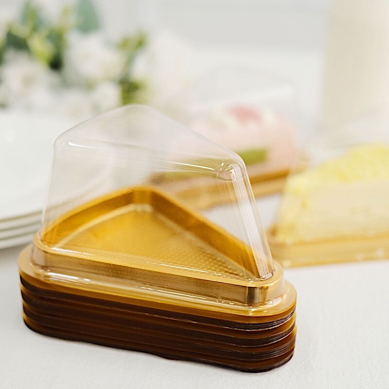 50 Gold Clear Triangle Cake Slice Boxes Plastic FAVOR HOLDERS Events ...