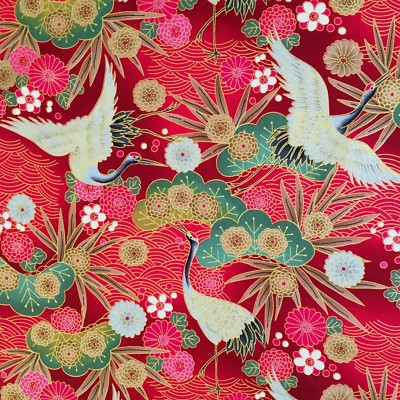 Japanese cranes fabric, metallic red, birds, gold floral oriental ...