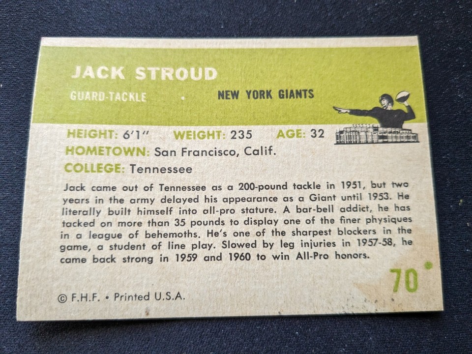 1961 Fleer Football Card # 70 Jack Stroud RC - New York Giants (VG/EX ...
