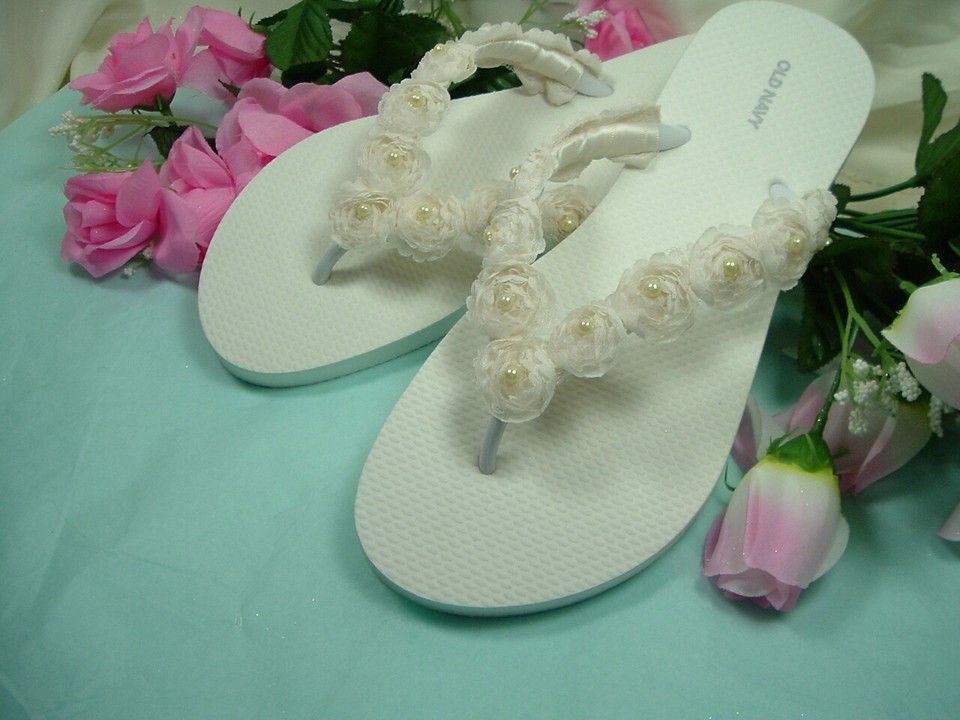 Wedding Shoes Sandals Flip Flops Ivory Cabbage Rose Size 8 | eBay