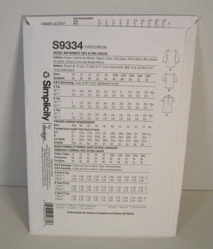 Simplicity S9334 Sewing Pattern Misses' & Women's Tops in Two Lengths ...