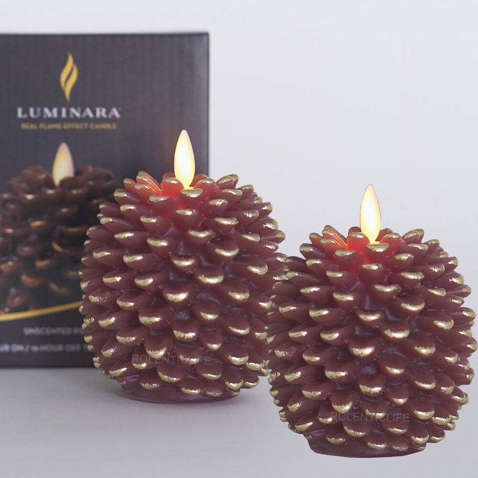 Luminara Flameless Battery Pine Cone Candles Remote Brown Wax Unscented ...