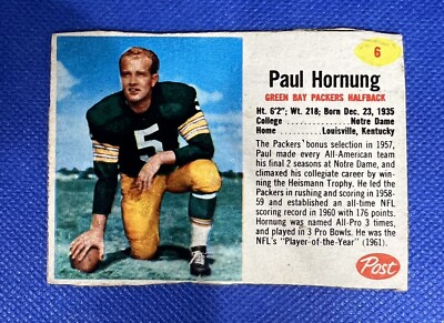 1962 Post #6 Paul Hornung - Green Bay Packers - Nice Card, Back Stain ...