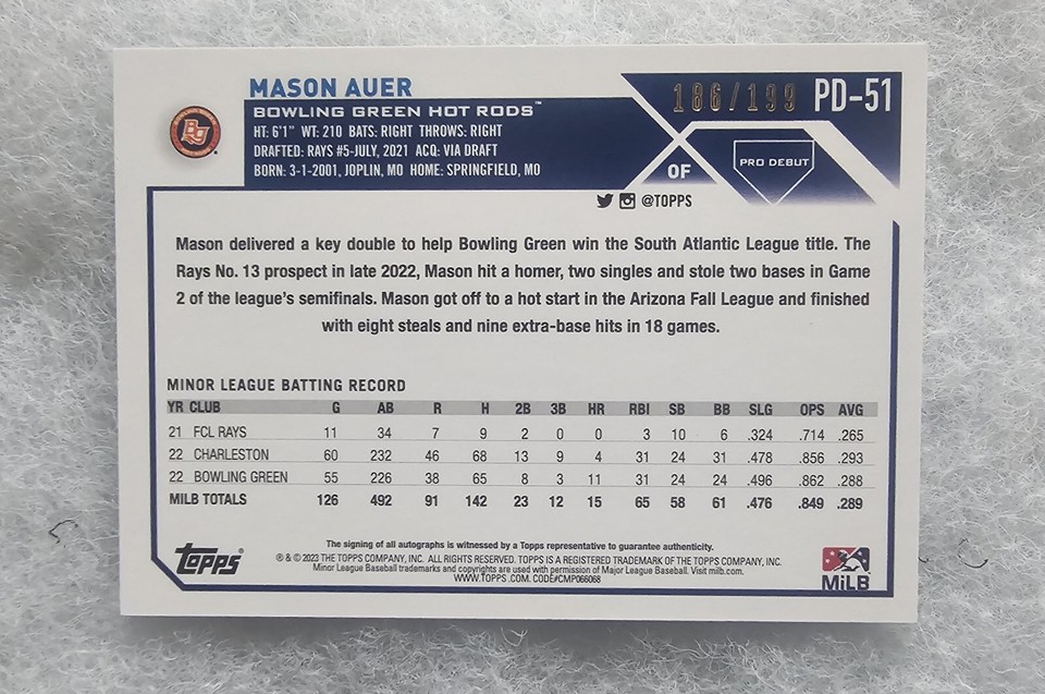 2023 Bowman Pro Debut Chrome Mason Auer Aqua Refractor Auto /199 Tampa ...
