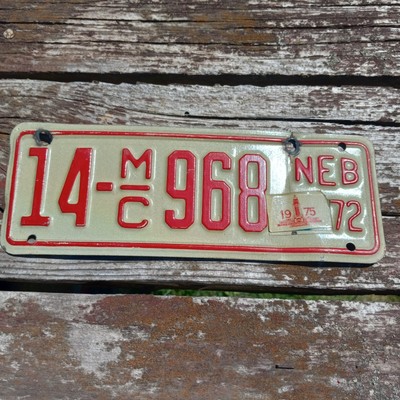1972 Nebraska MOTORCYCLE License Plate - "14 MC 968" 1975 Sticker | eBay