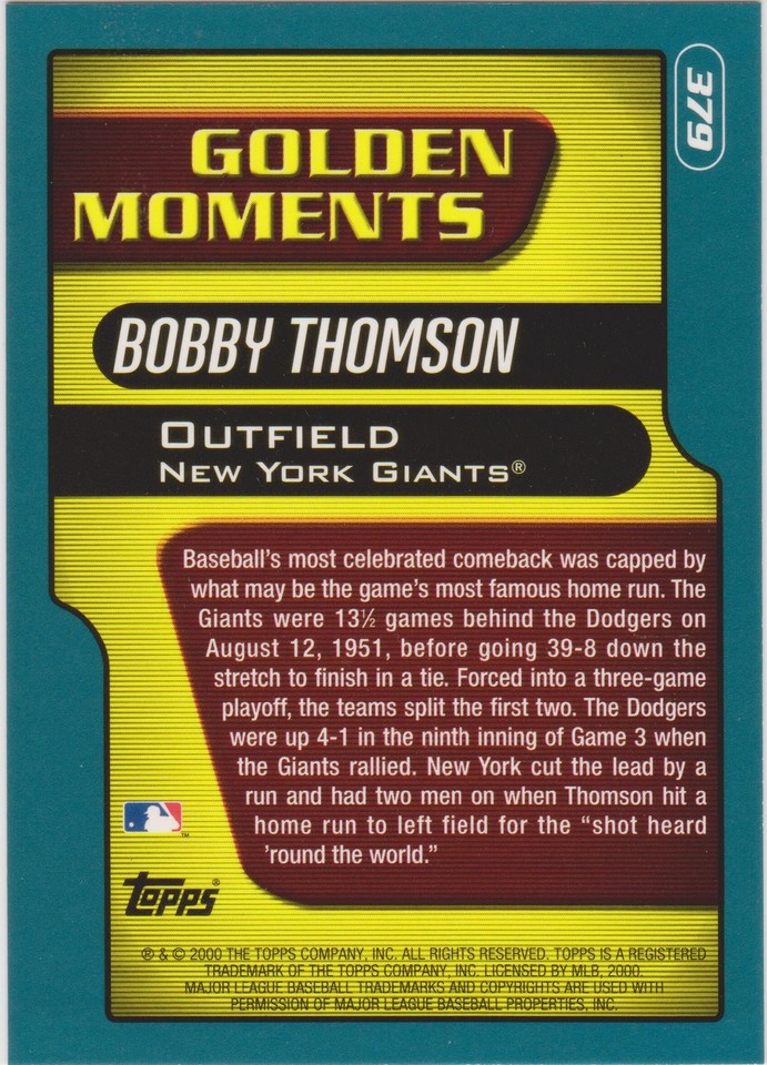 2001 Topps Bobby Thomson Golden Moments #379 SF Giants Baseball | eBay
