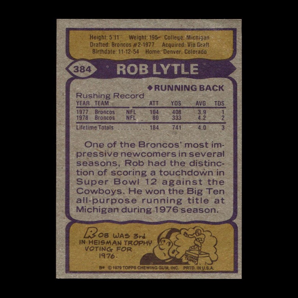 Rob Lytle 1979 Topps Denver Broncos #384 R311A 7 | eBay
