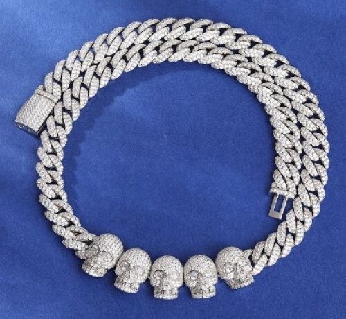 Halloween Gift Real Moissanite 5 Skull Link Cuban Chain White Gold ...