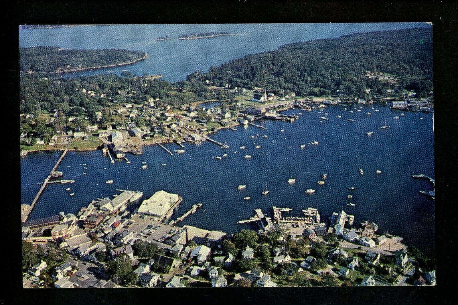 Maine ME postcard Boothbay Harbor, aerial view Linekin Bay boat docks ...