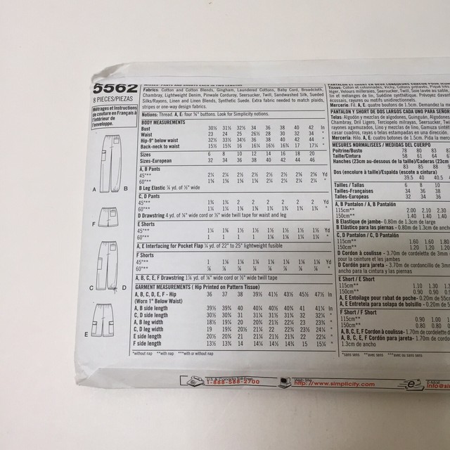 Simplicity 5562 Drawstring Shorts Pants Cargo 6 Easy Versions Size 6-12 ...