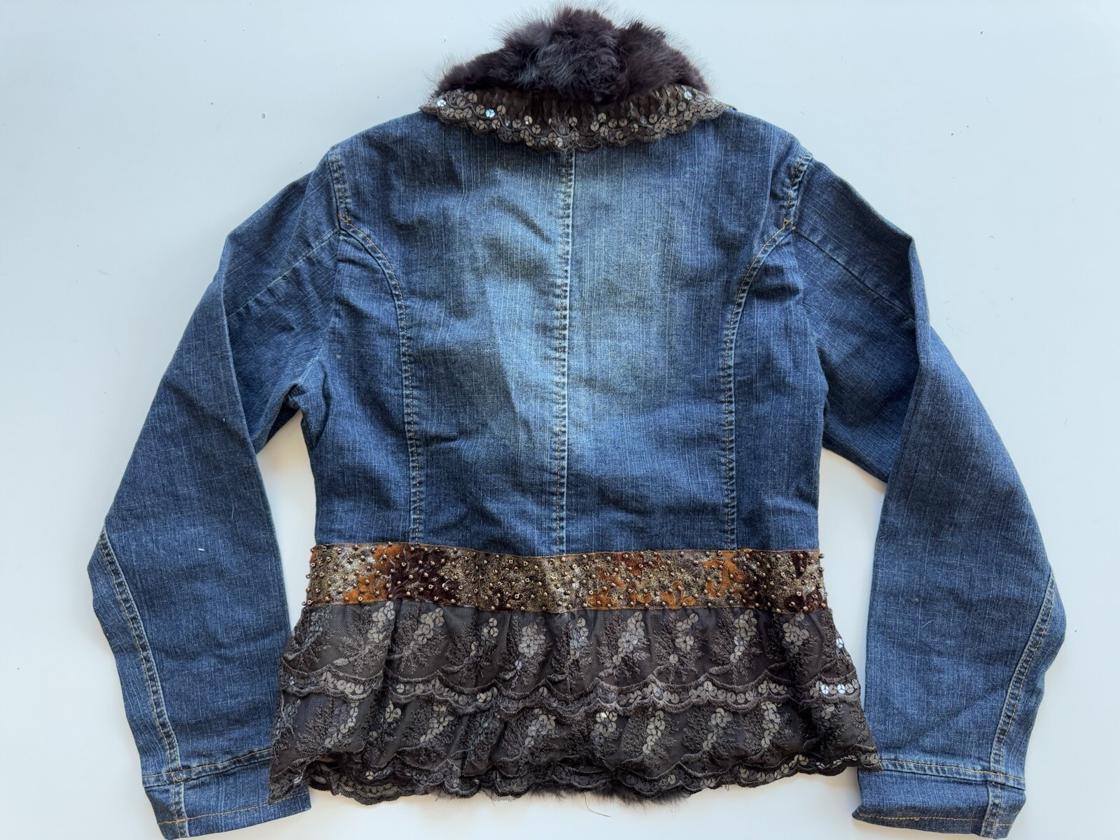 vintage 90s Y2K denim jean beaded embellished fur jacket Women’s | eBay