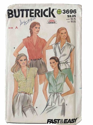 3696 BUTTERICK Blouse Short Cap Sleeve Button Front 1970s Fast Easy ...