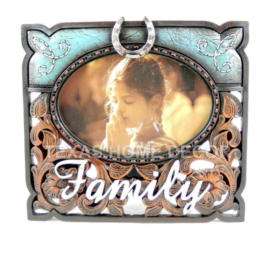 Western Rustic Family Picture Frame Floral Horseshoe Rhinestones ...