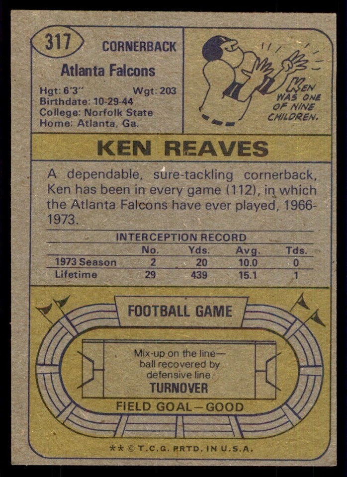 1974 Topps Ken Reaves Football Card Atlanta Falcons #317 | eBay