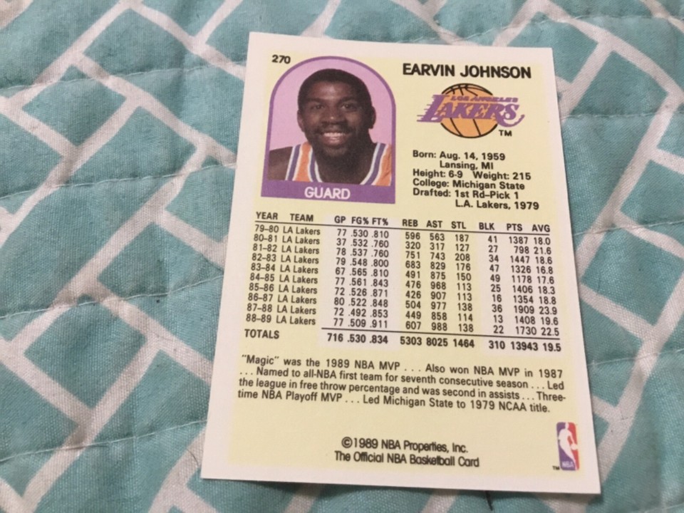 ERVIN"MAGIC" JOHNSON SIGNED 1989 HOOPS CARD, NEAR MINT #270, LOS ...
