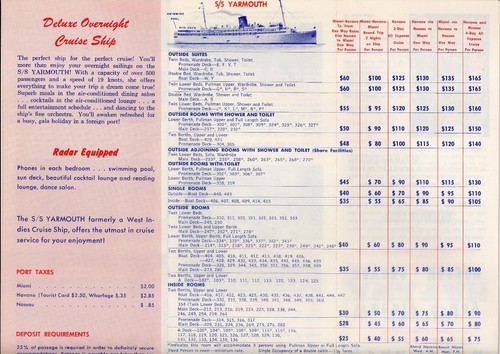 1953 "SS YARMOUTH CASTLE OCEAN LINER DECK PLAN BROCHURE" VG Sank 1965 ...