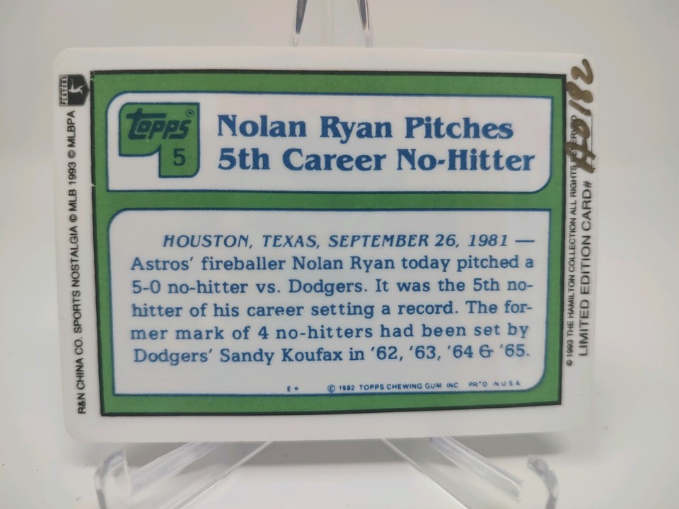 1993 Hamilton Collection Nolan Ryan 1982 Topps Porcelain Baseball Card ...
