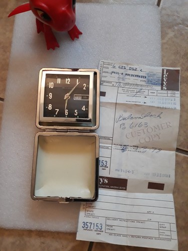 Vintage 70's BULOVA Travel Alarm Clock Black Face Silver Trim White ...