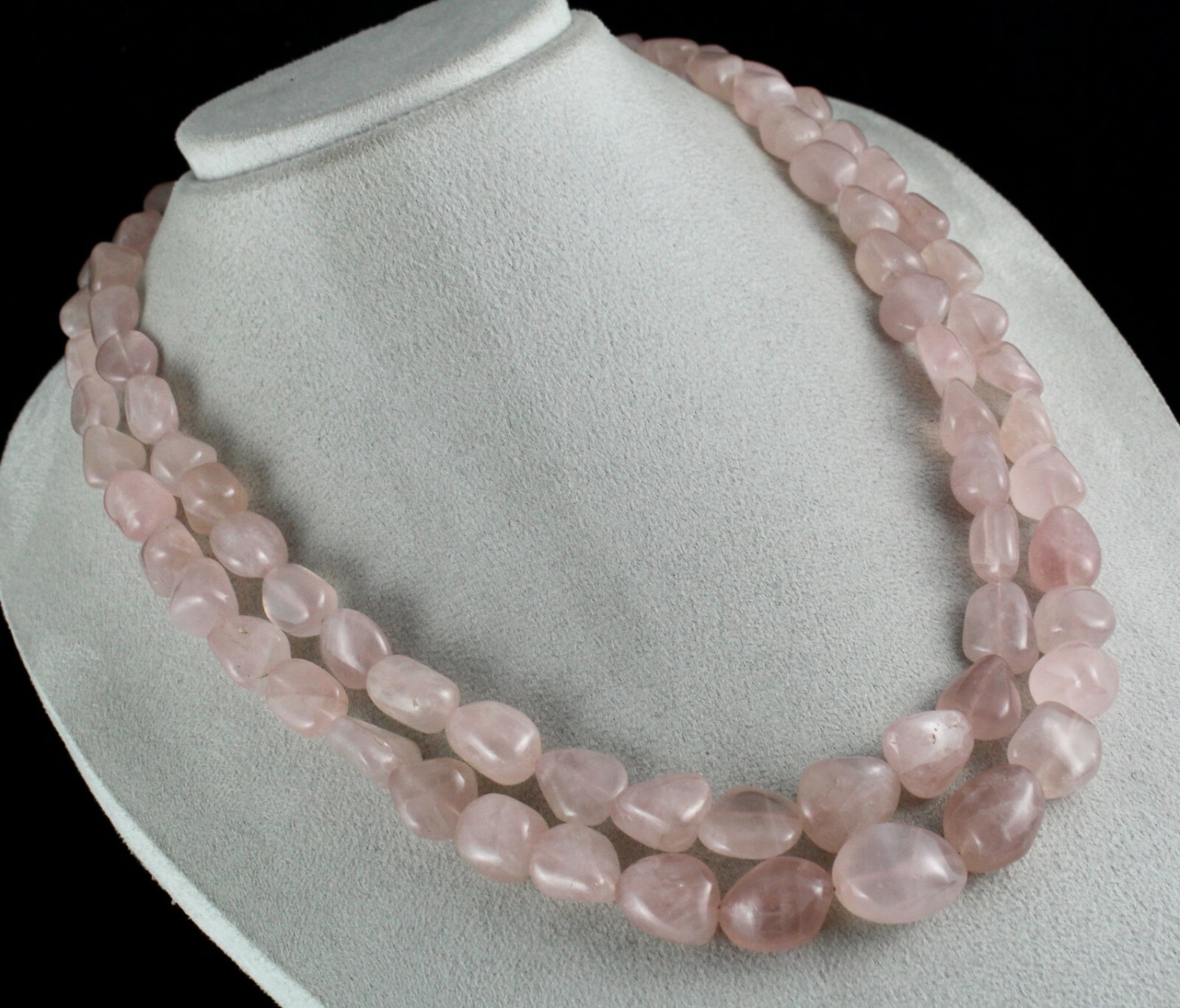 Natural Rose Quartz Beaded Necklace 2 Line 1109 Carats Nuggets Gemstone ...