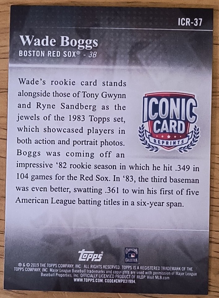 2019 Topps Iconic Card Reprints Wade Boggs Insert #ICR-37 HOF Boston ...