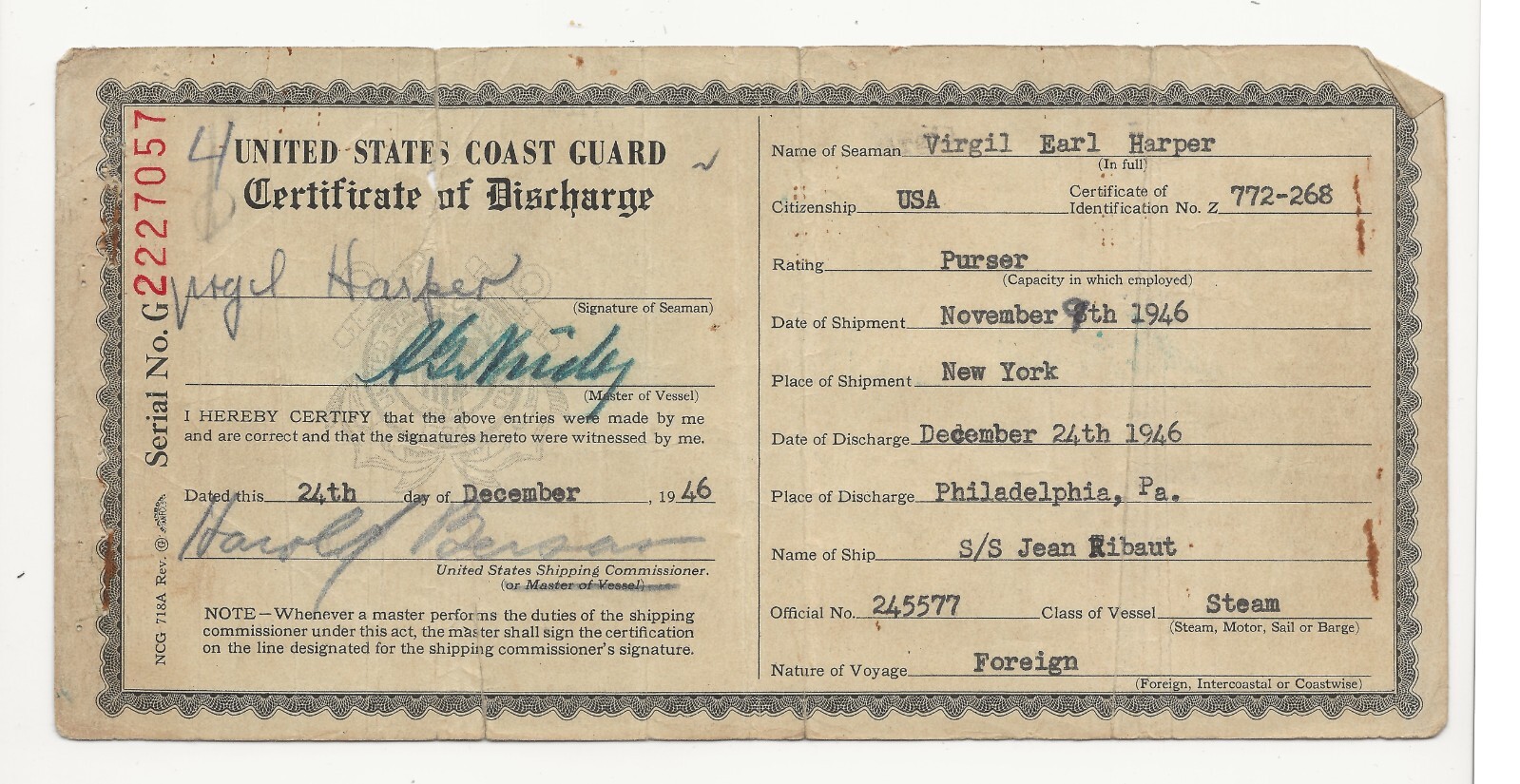 1946 United States Coast Guard certificate of discharge, SS Jean Ribaut ...