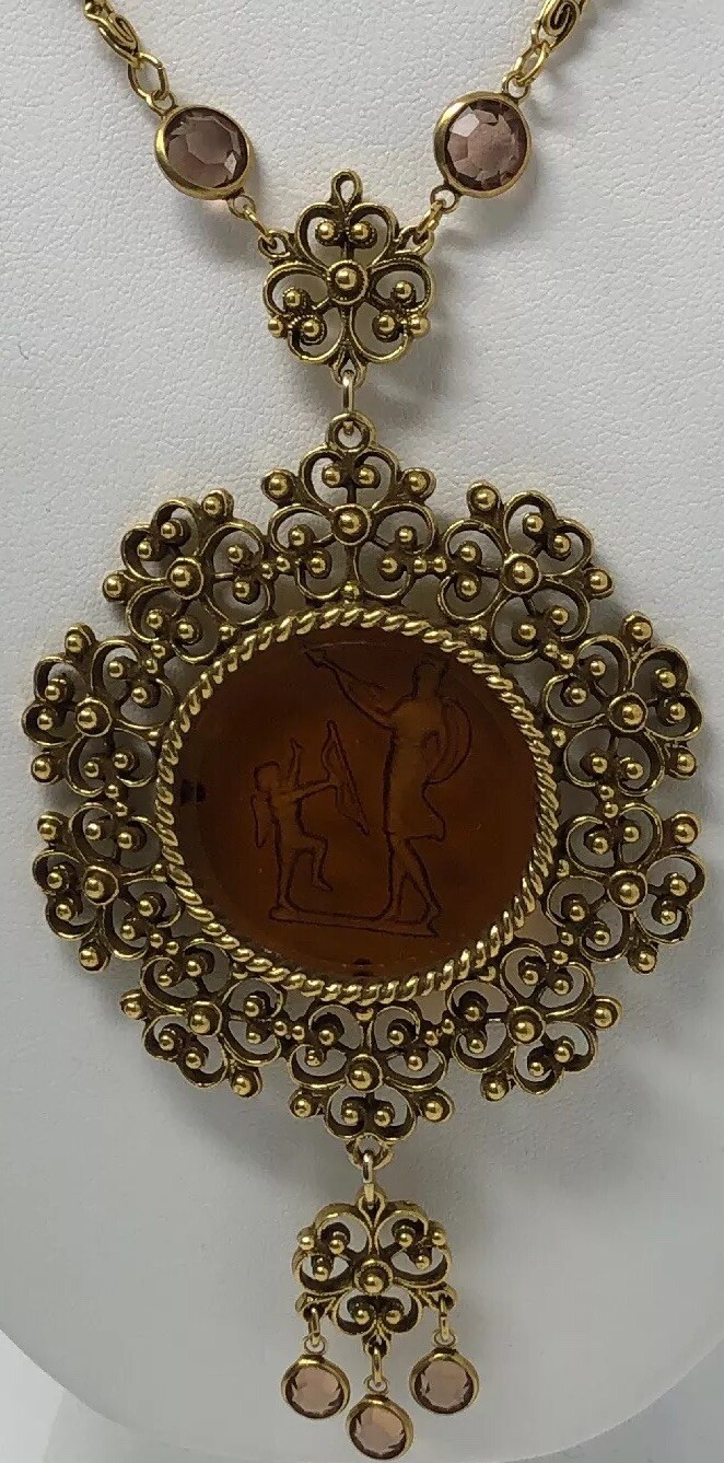 Vintage UnSigned Goldette Intaglio Topaz CRYSTAL Glass Cameo Dangle ...