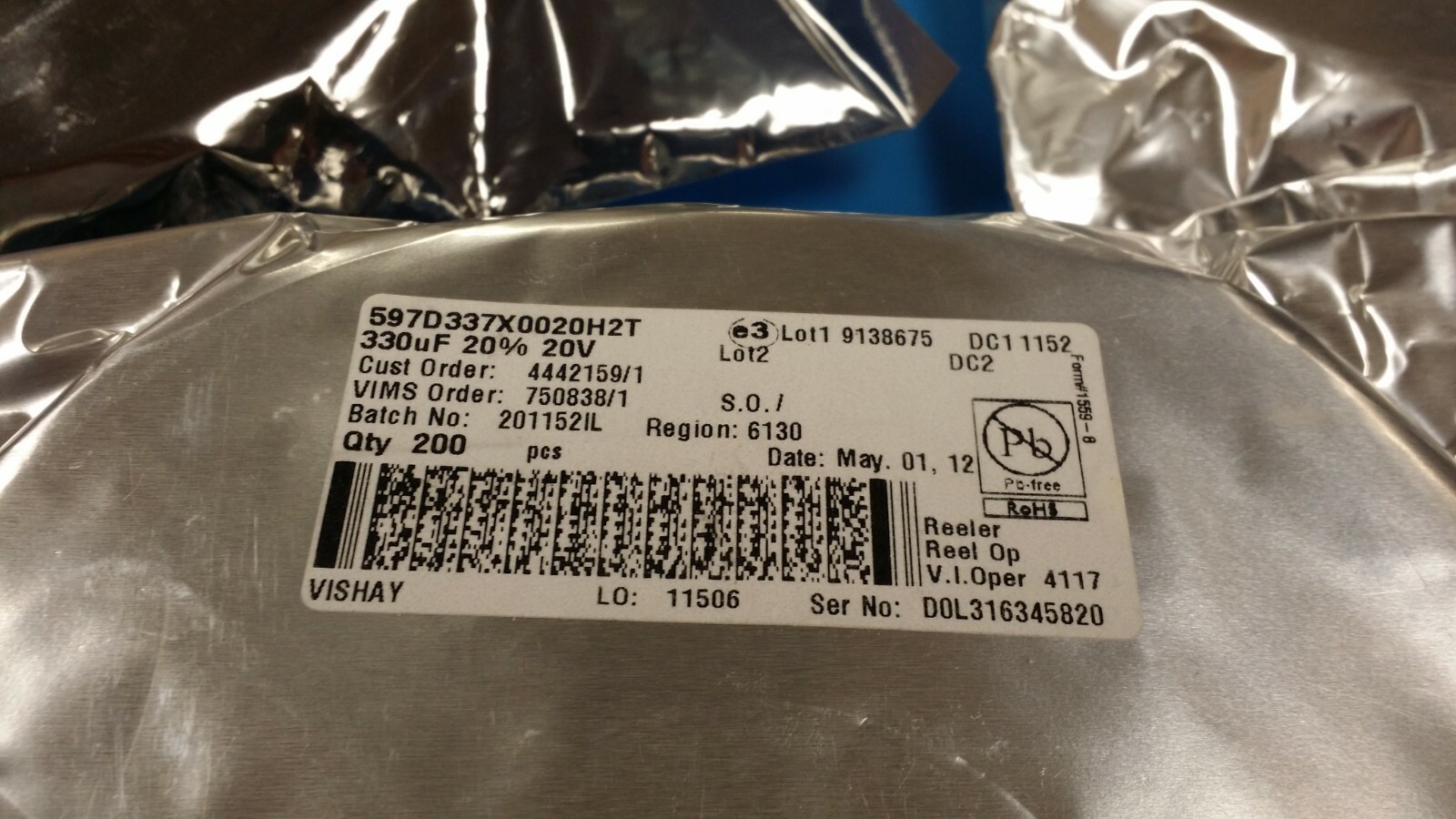 (200 PCS) 597D337X0020H2T Cap Tant Solid 330uF 20V H CASE 20% SMD 0.1 ...