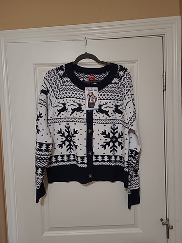 Dec 25th Knit Sweater Cardigan Women's Navy Blue White Christmas ...