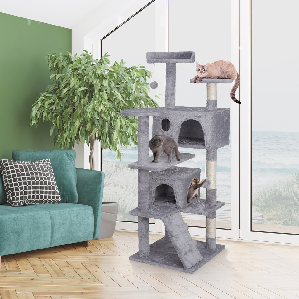 55" Cat Tree Tower Activity Center Playing House Grey/Beige/Blue/Brown ...