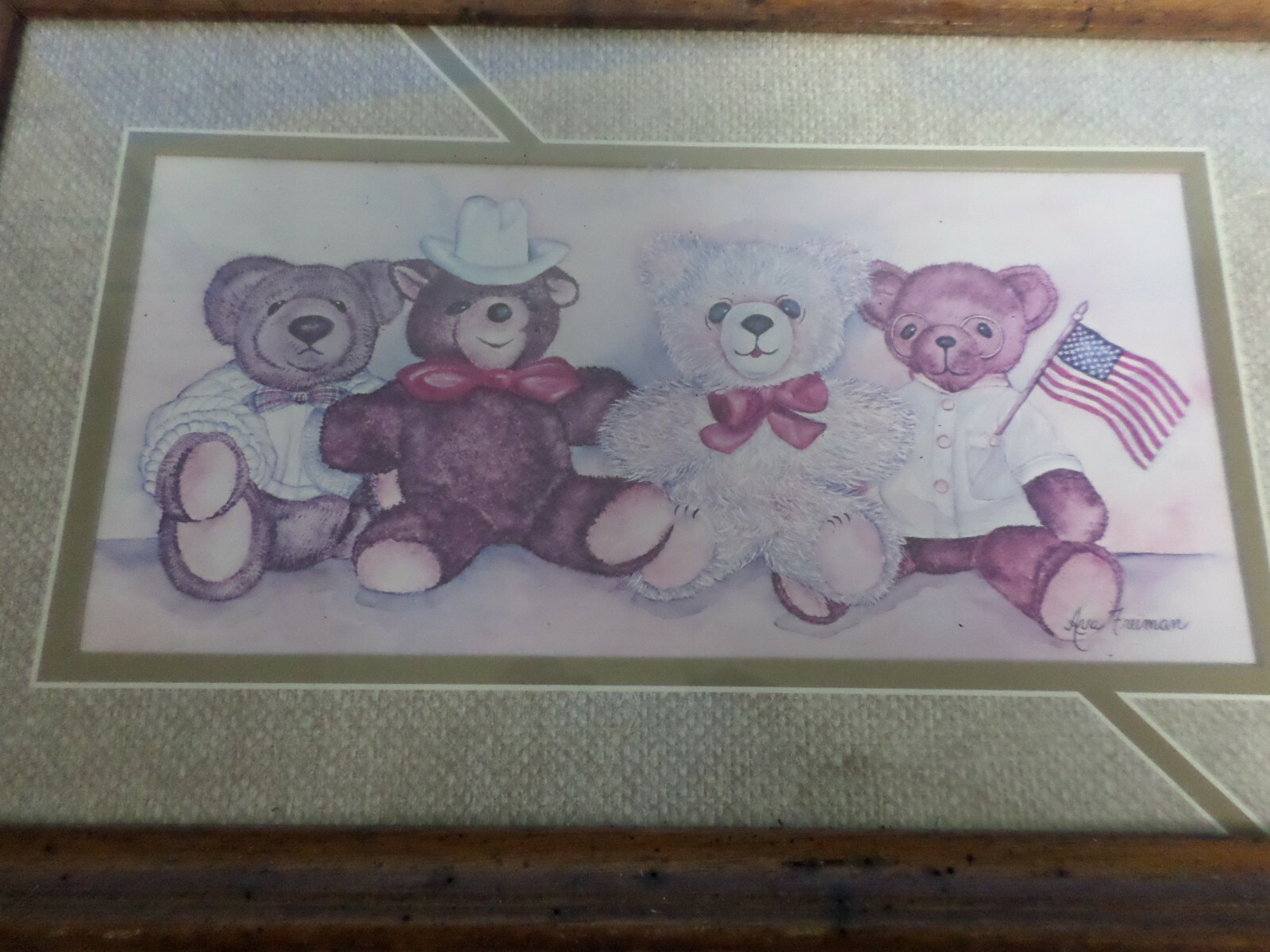Ava Freeman Print 4 Teddy Bears Framed Matted , HOLDING FLAG AND COWBOY ...